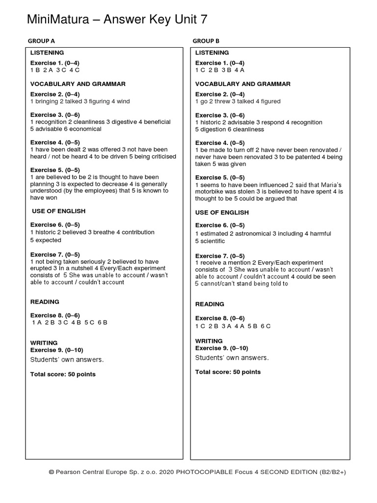 Focus4 - 2E - MiniMatura - Unit7 - ANSWERS | PDF | Cognition | Cognitive Science