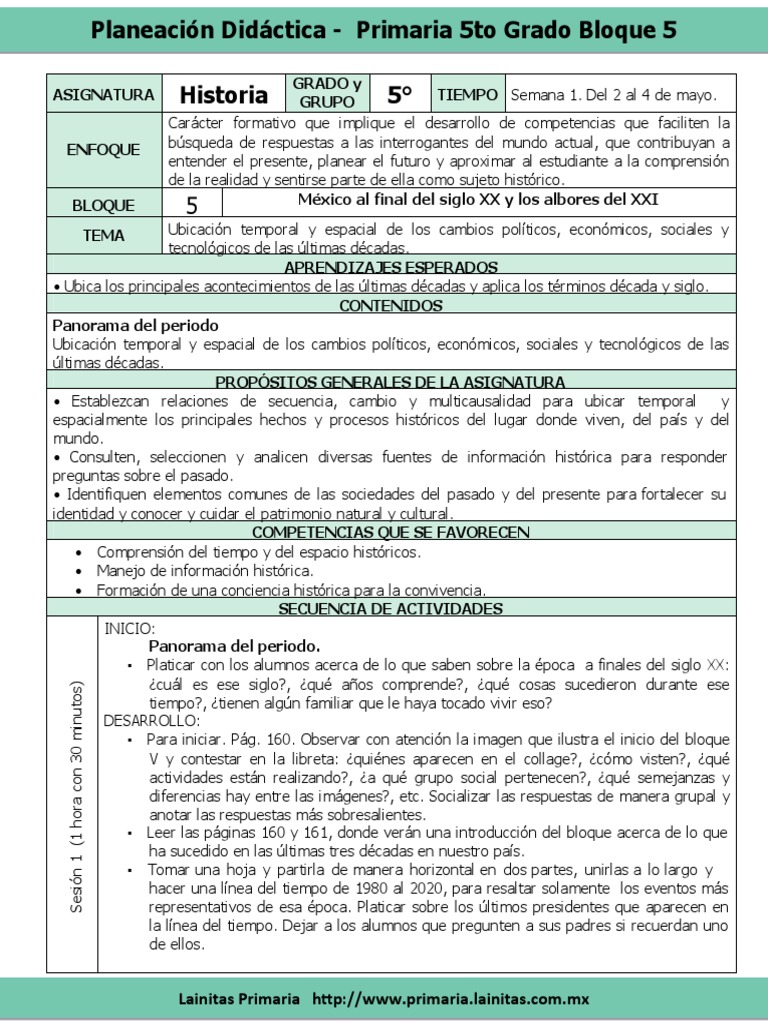 Planeación Didáctica - Primaria 5to Grado Bloque 5. 5 TIEMPO Semana 1 ...