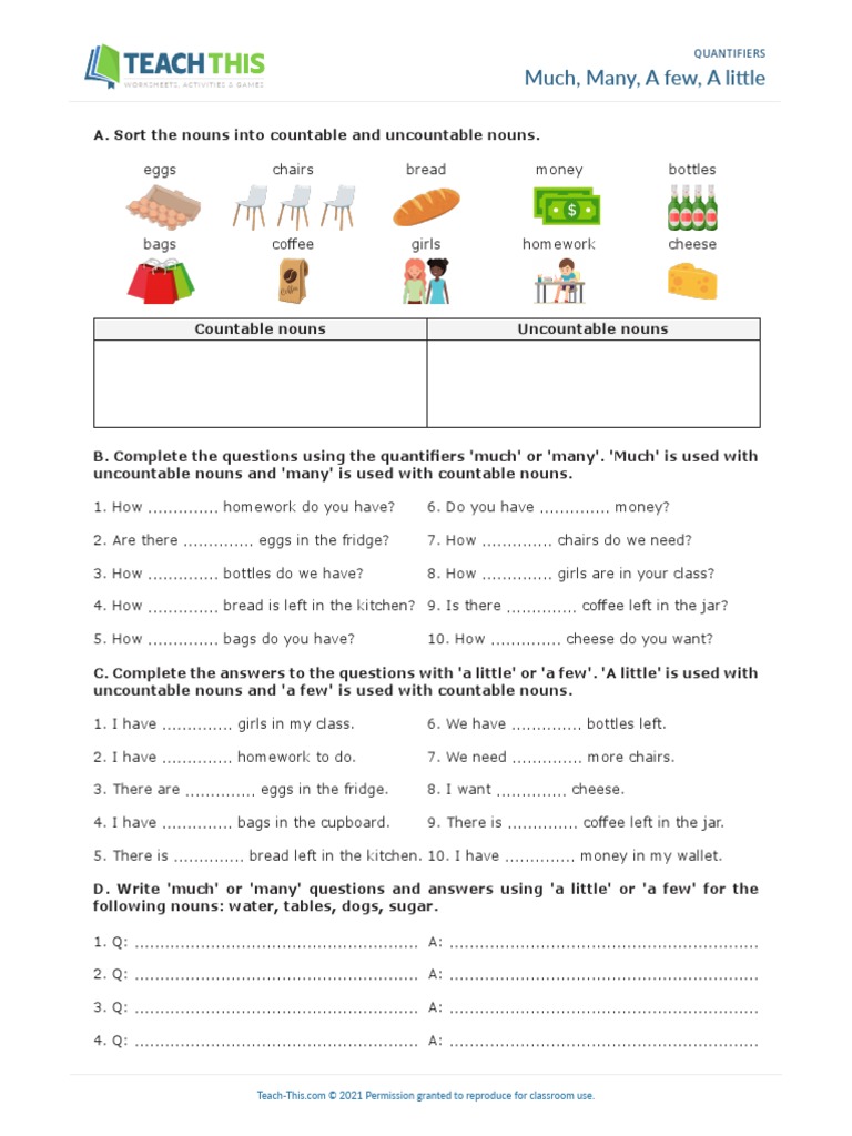 Much Many A Few A Little Worksheet | PDF