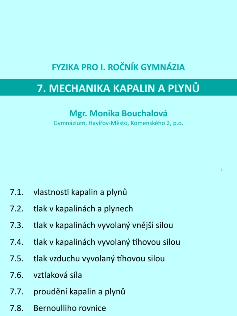 Mechanika Kapalin A Plynů: Fyzika Pro I. Ročník Gymnázia | PDF