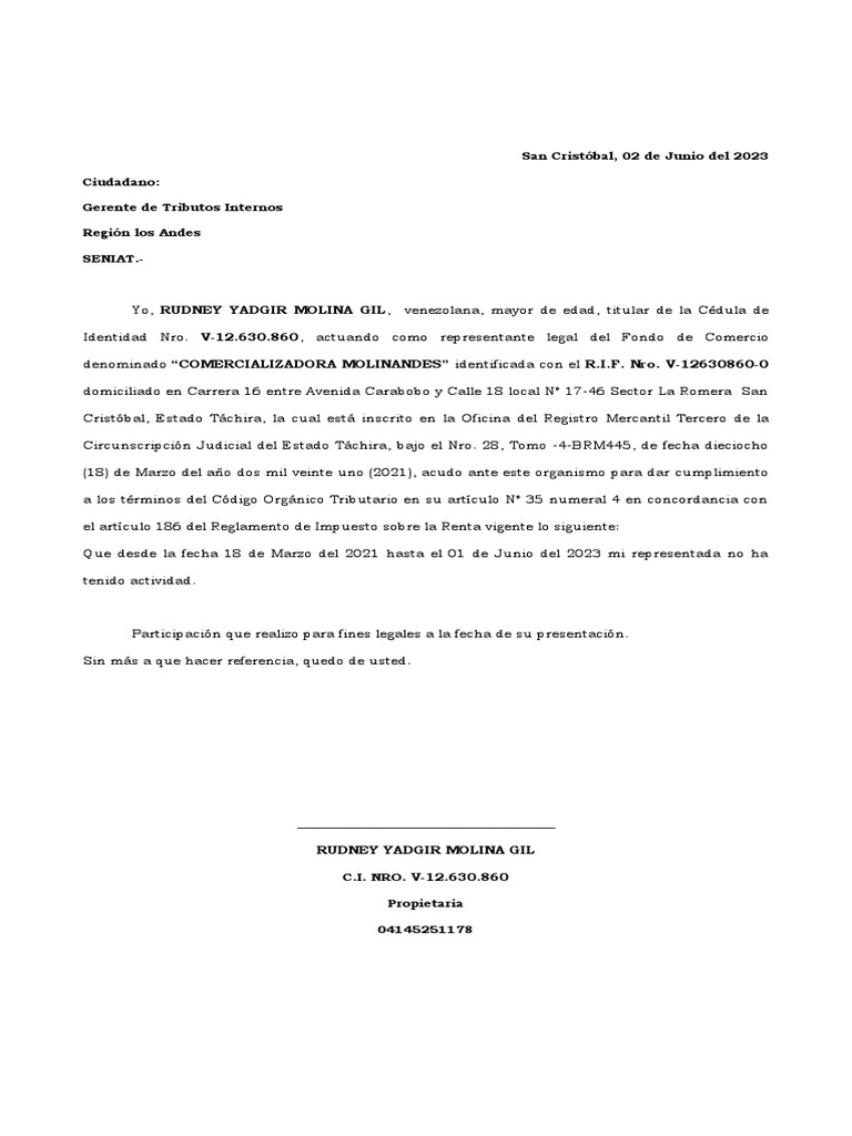 Carta Inactividad Modelo Seniat | PDF Carta Inactividad Modelo Seniat | PDF