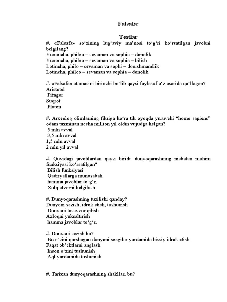 Falsafa - Testlar | PDF