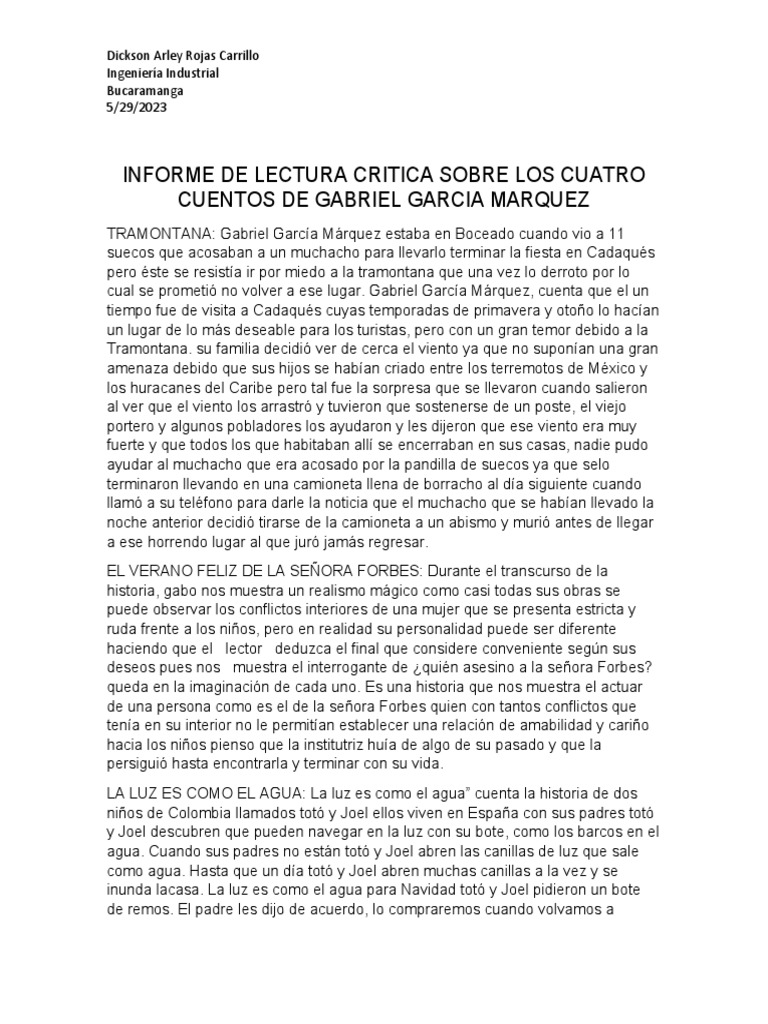 Informe de Lectura Critica Sobre Los Cuatro Cuentos de Gabriel Garcia Marquez | Descargar gratis ...