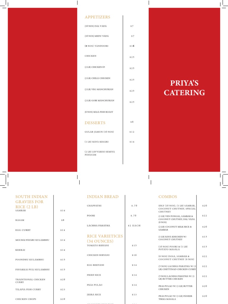 Priya Catering Menu Final | PDF | Food And Drink | Western Cuisine