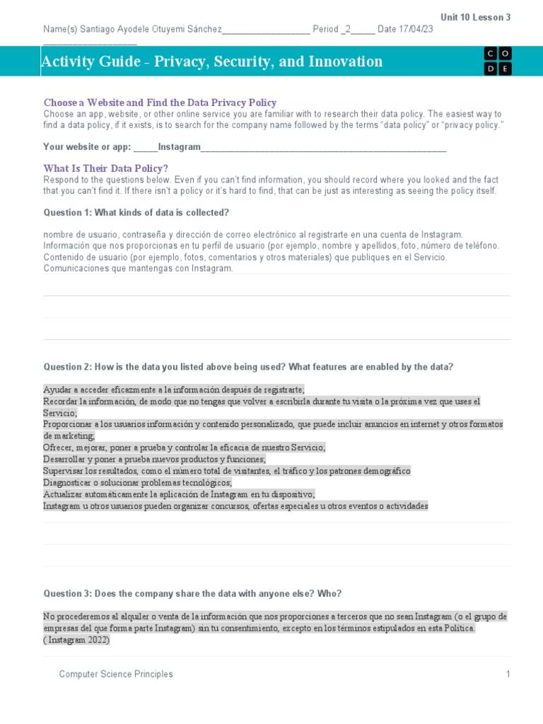 Activity Guide - Privacy, Security, and Innovation - Unit 10 Lesson 3 ...