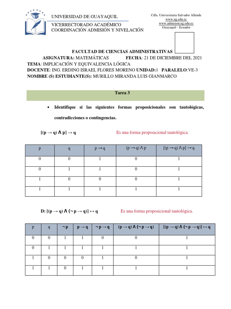 Tarea 4 - IMPLICACIÓN Y EQUIVALENCIA LÓGICA | PDF