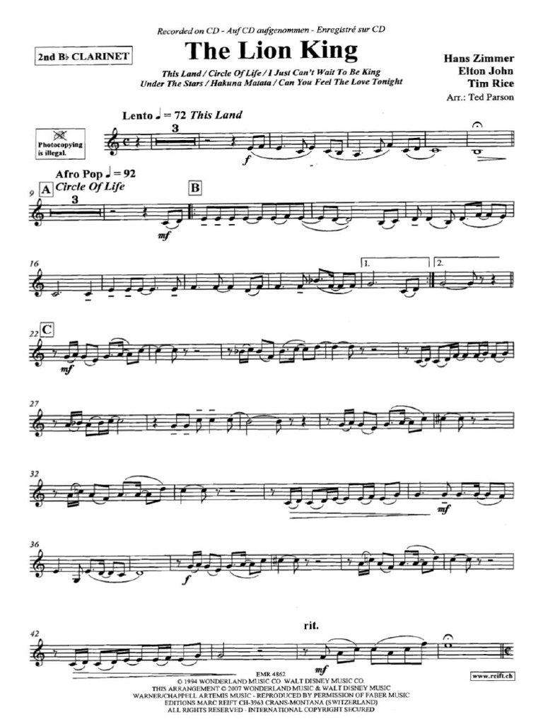 The Lion King - 2nd Clarinet | PDF