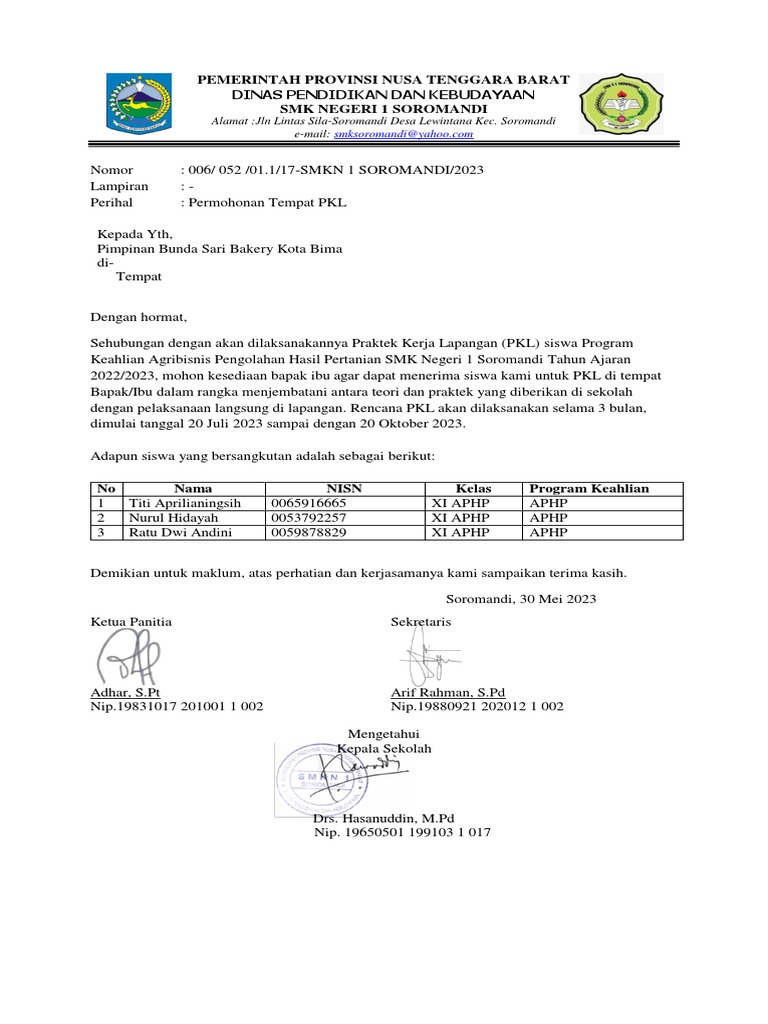 Surat Permohonan PKL BUNDA SARI | PDF
