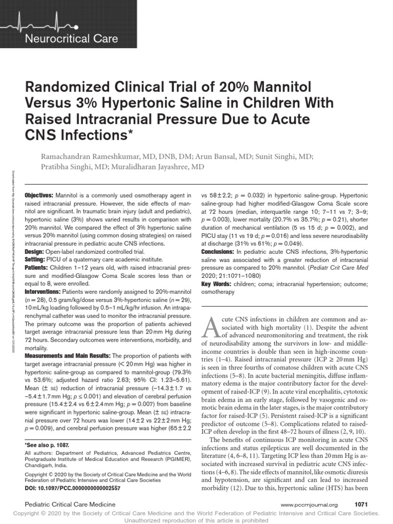 Randomized Clinical Trial of 20% Mannitol Versus 3% Hypertonic Saline ...