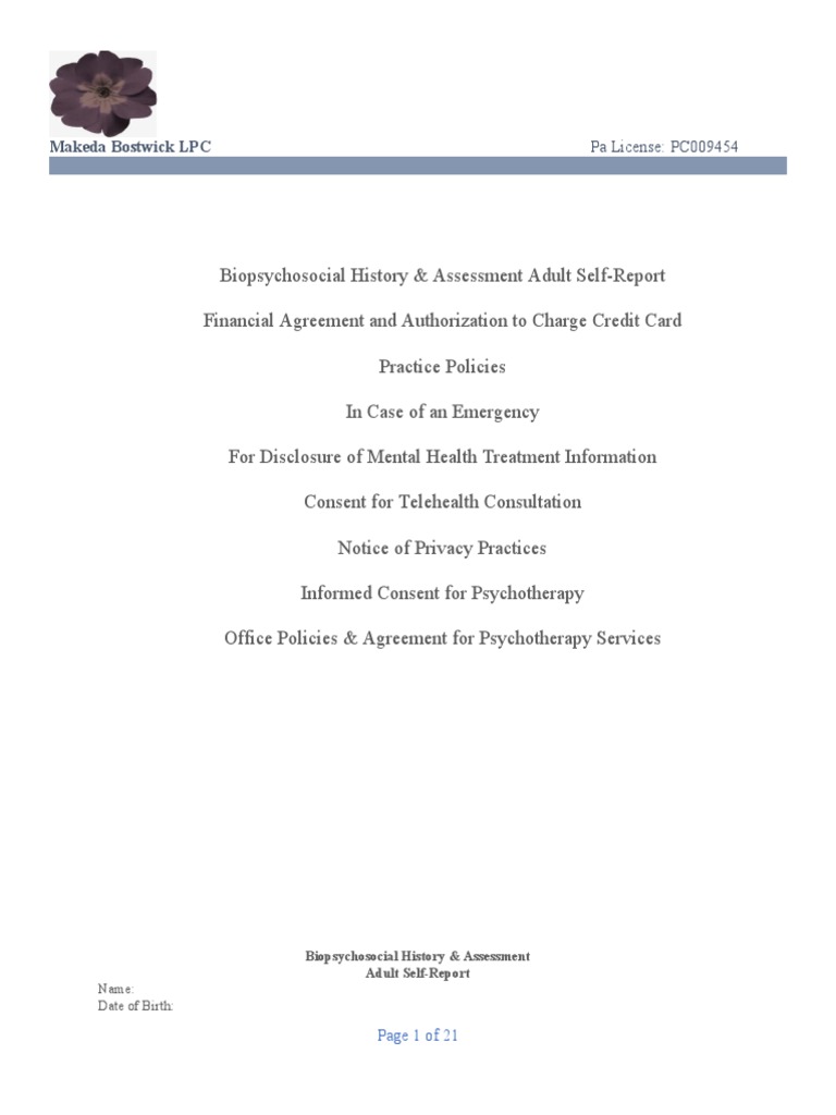 Psychotherapy Client Intake Form | PDF | Psychotherapy | Health ...