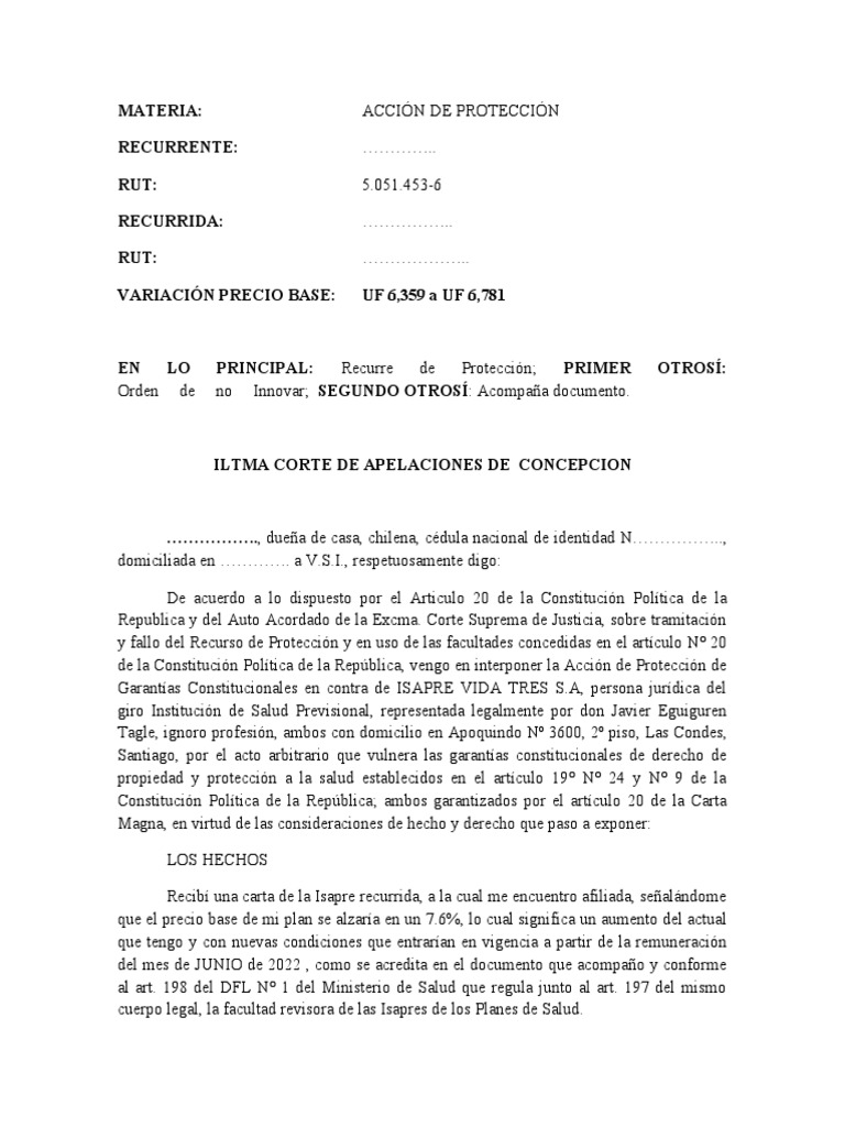 Recurso de Proteccion Contra Alza de Plan Contra Isapre | PDF ...