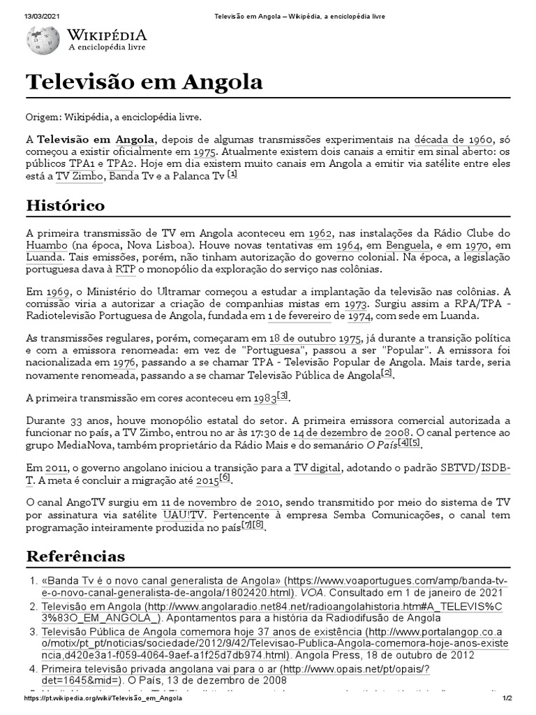 Televisão em Angola - Wikipédia, A Enciclopédia Livre | PDF ...