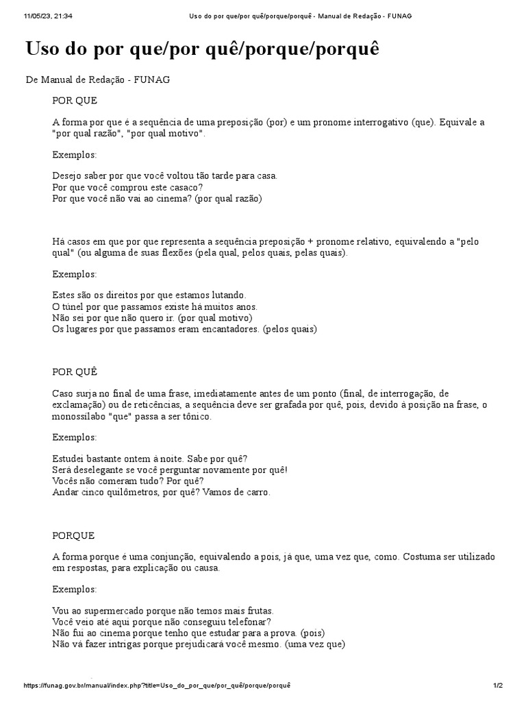 Uso Do Por Que - Por Quê - Porque - Porquê - Manual de Redação - FUNAG ...