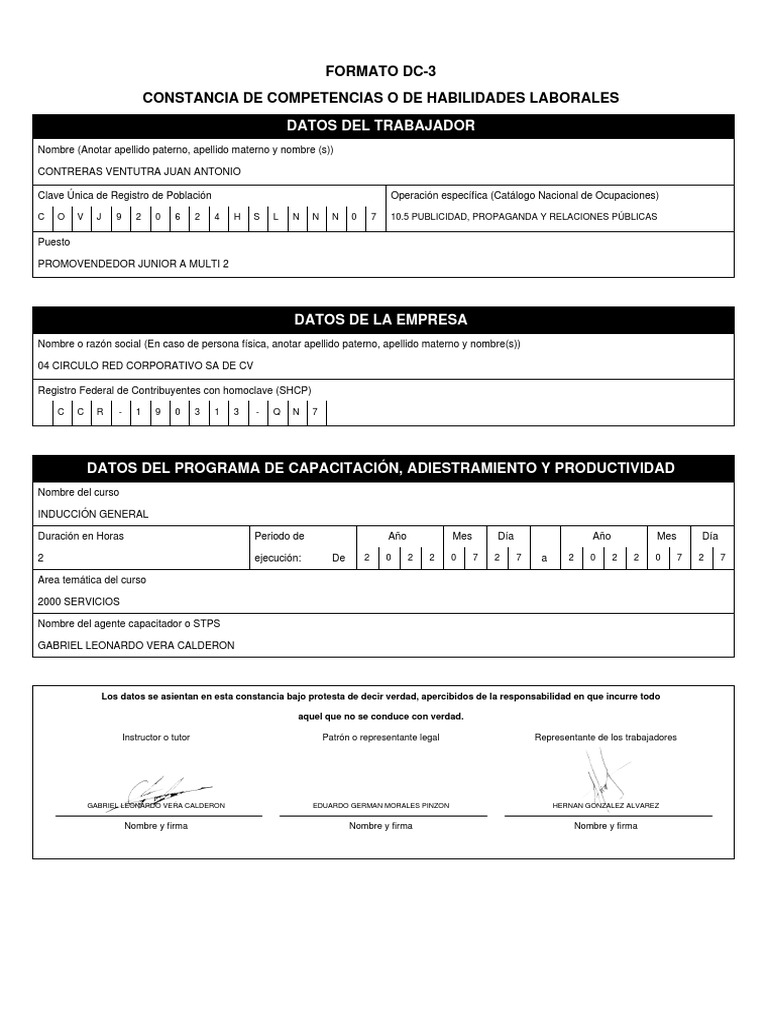 Datos Del Trabajador: Formato Dc-3 Constancia de Competencias O de ...