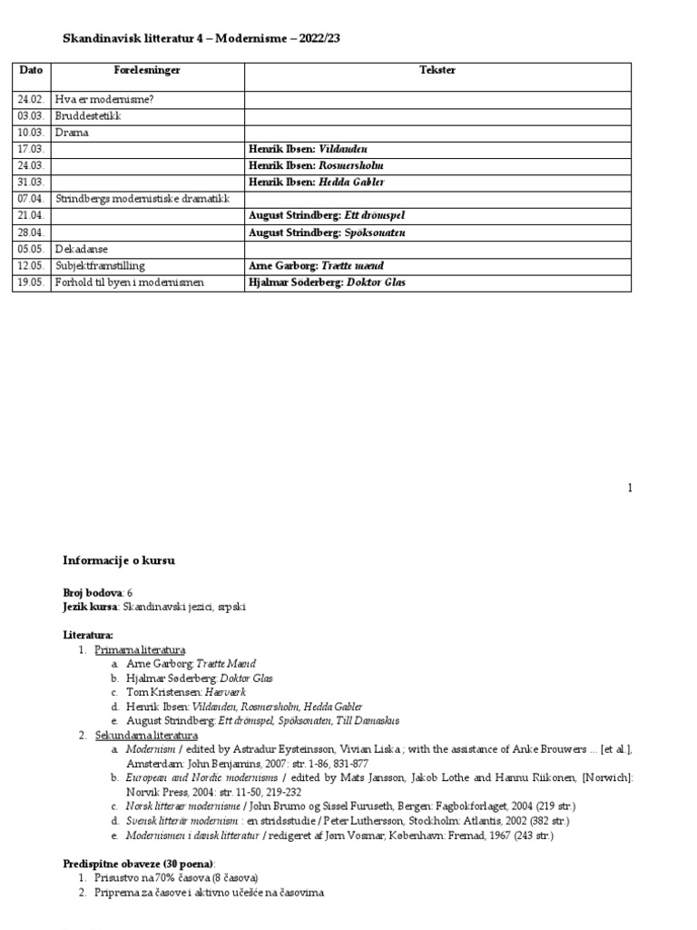 Modernizam-2223-Plan Rada I Informacije o Kursu | PDF