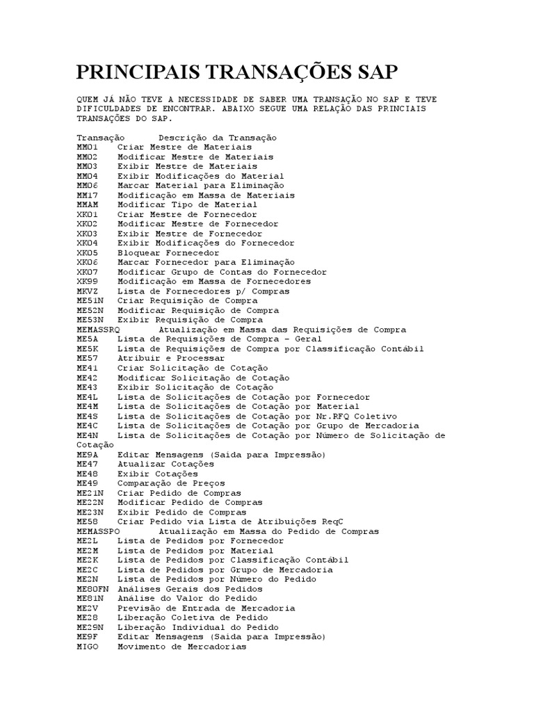 Principais Transações Sap | PDF | Contabilidade | Produtos