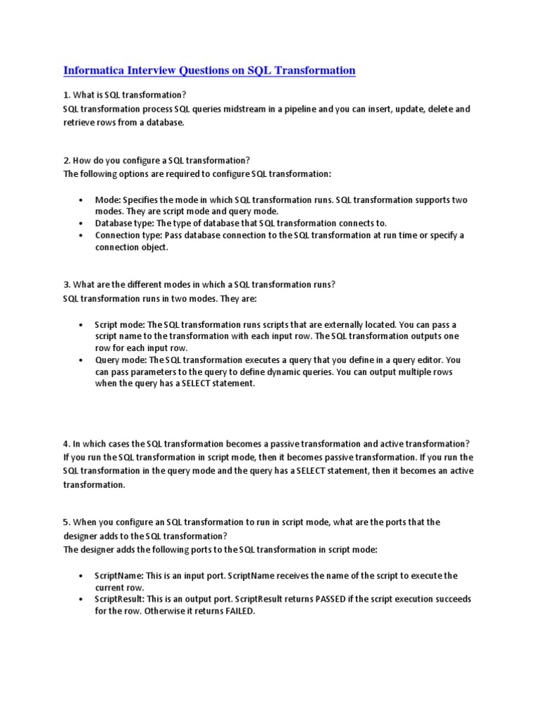 A Interview Questions On SQL Transformation | PDF | Sql | Parameter ...