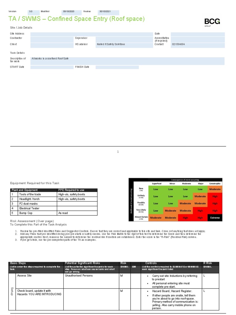 CONFINED SPACE - Entry (Roof Space) | PDF | Risk | Personal Protective ...