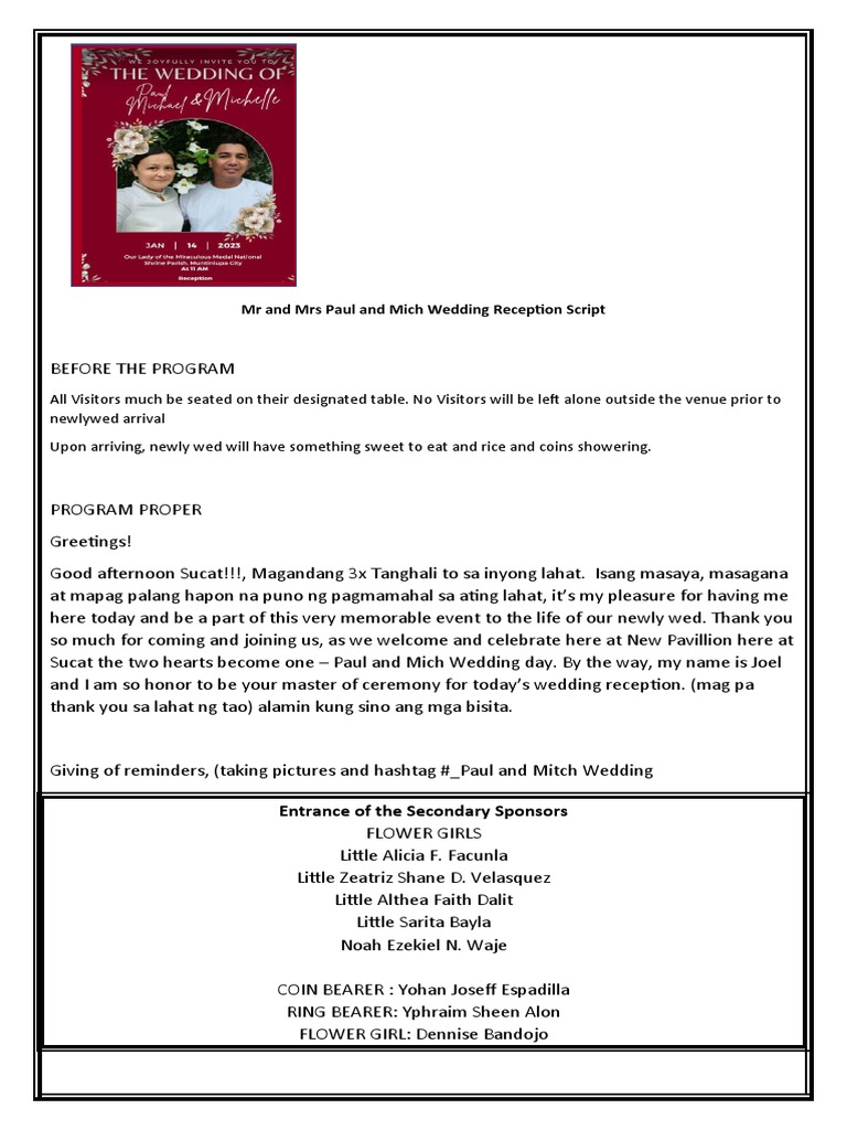 MR and Mrs Paul and Mich Wedding Reception Script | PDF | Wedding ...