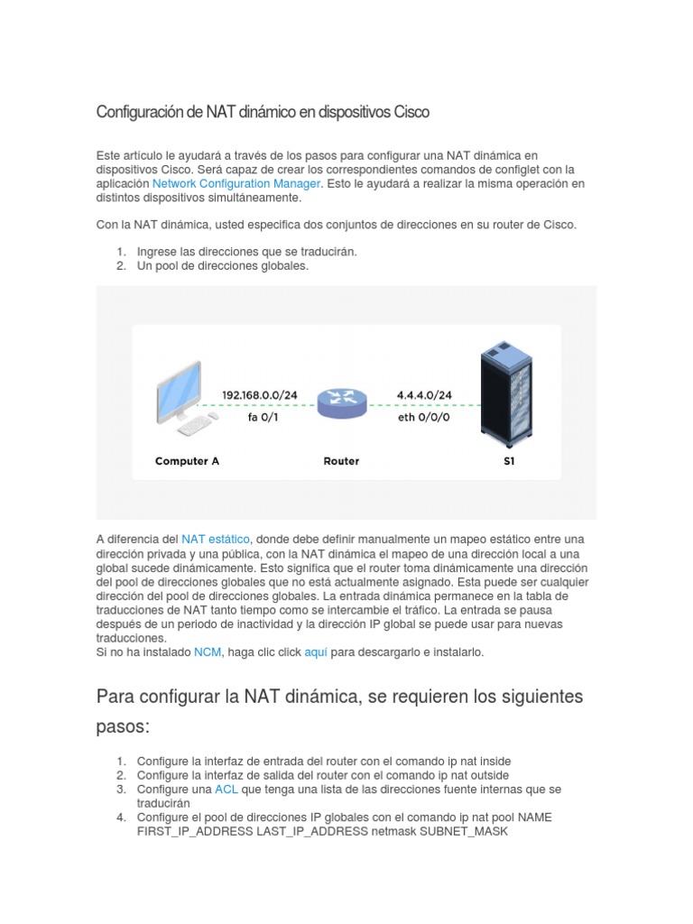 Configuración de NAT dinámico en dispositivos Cisco | PDF | Enrutador (Computación) | Dirección IP