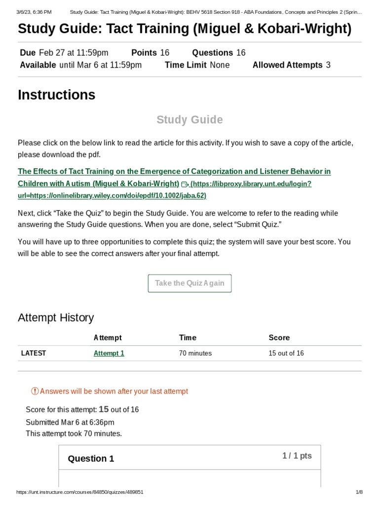 Study Guide - Tact Training (Miguel & Kobari-Wright) - BEHV 5618 Section 918 - ABA Foundations ...