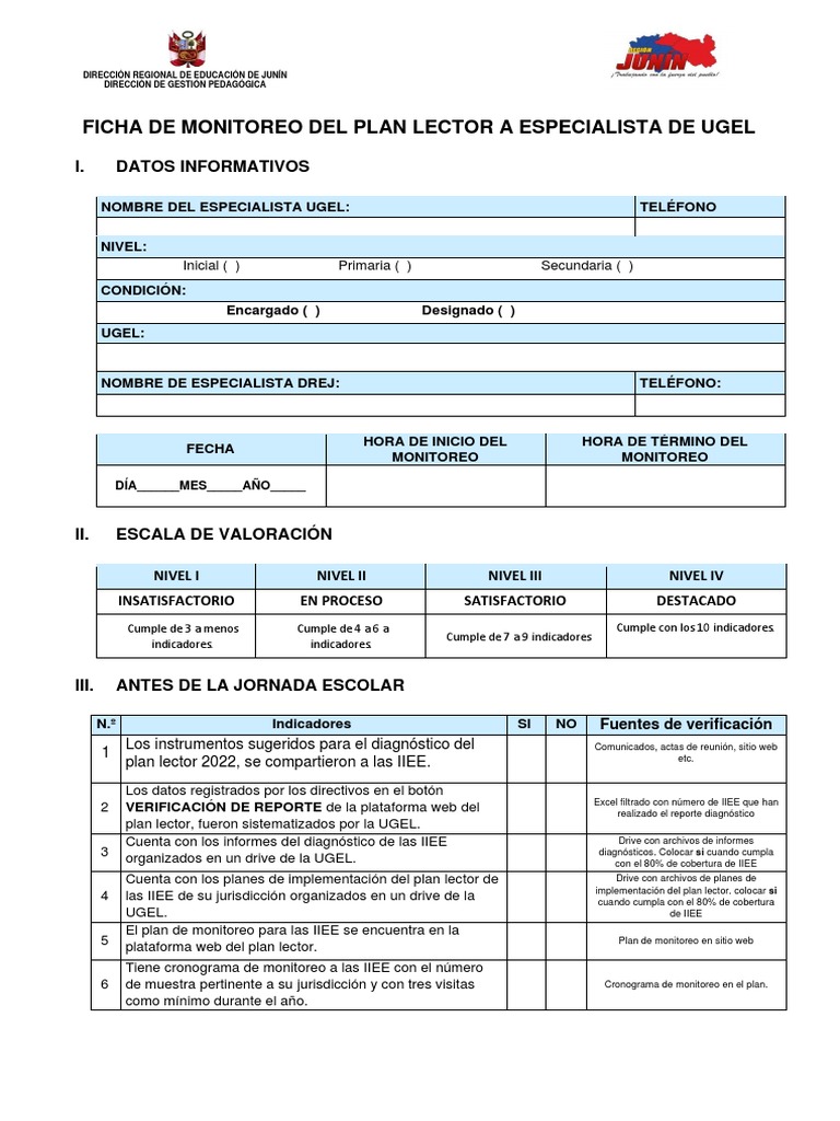 Ficha de Monitoreo Del Plan Lector A Especialista de Ugel | PDF