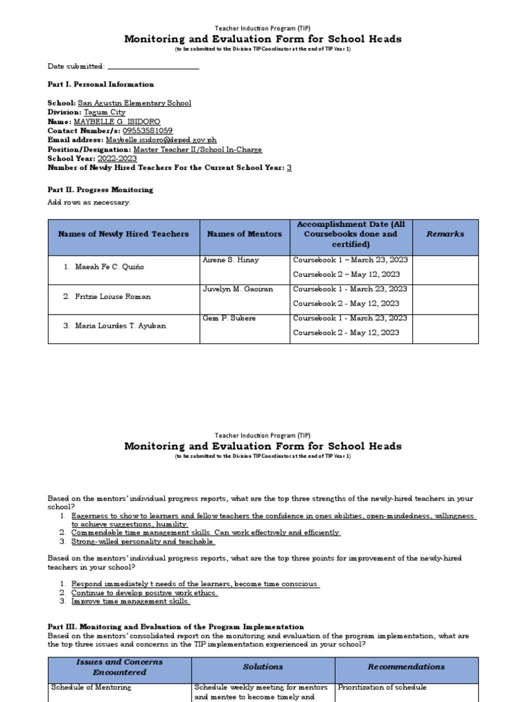 TIP Monitoring Form for School Heads | PDF