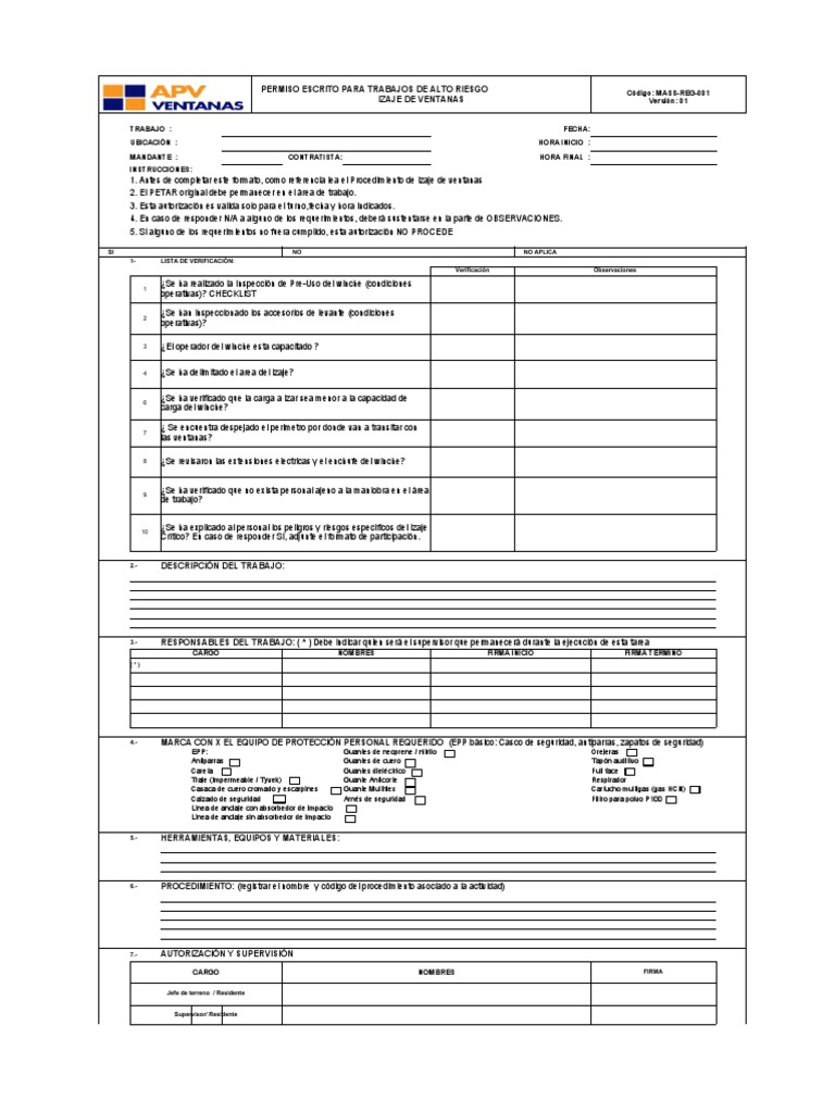 Permiso Escrito de Trabajo de Alto Riesgos | PDF