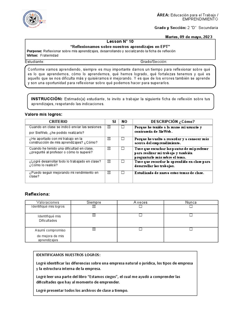 Ficha de Reflexion de EPT Emprendimiento | PDF