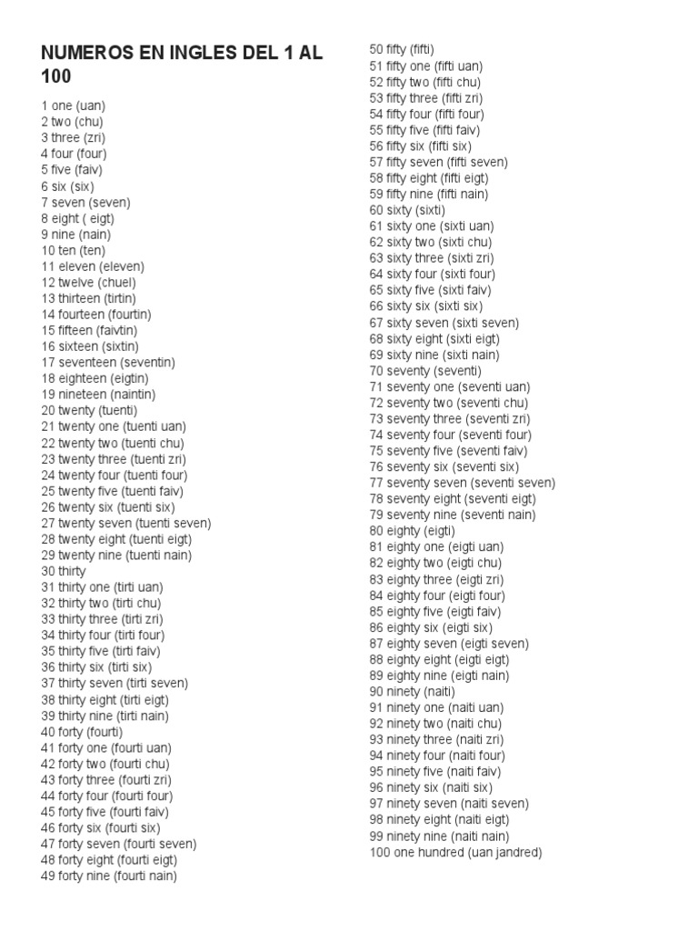 Numeros en Ingles Del 1 Al 100 | PDF