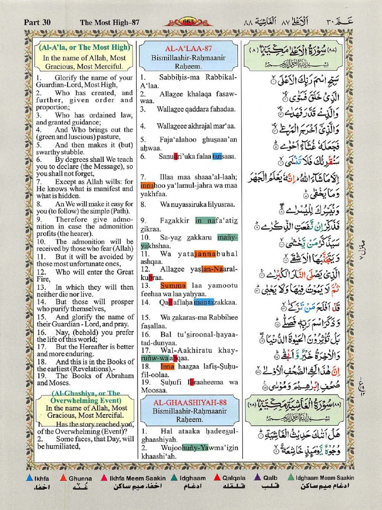 Quran Color Transliteration Translation Tajwid Surah 87 Al Aala PDF | PDF