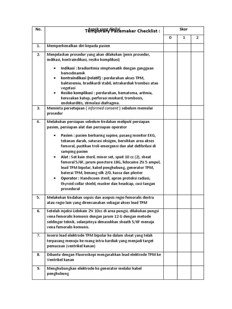 Temporary Pacemaker Checklist: Osce: No. Aspek Yang Dinilai Skor | PDF ...