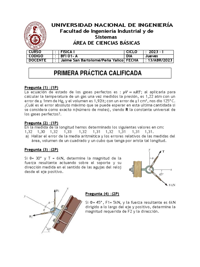 Primera Práctica Calificada Bfi 01 A 2023 I | PDF | Gases | Fuerza