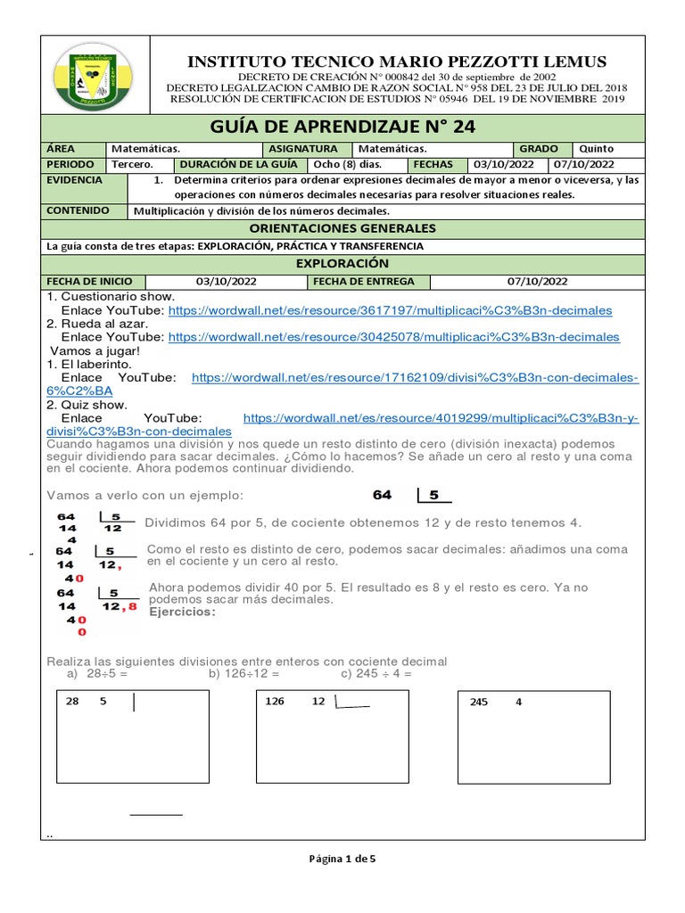 Guia de Aprendizaje 24 de Matematicas 5º Grado 2022 Suma y Resta de ...