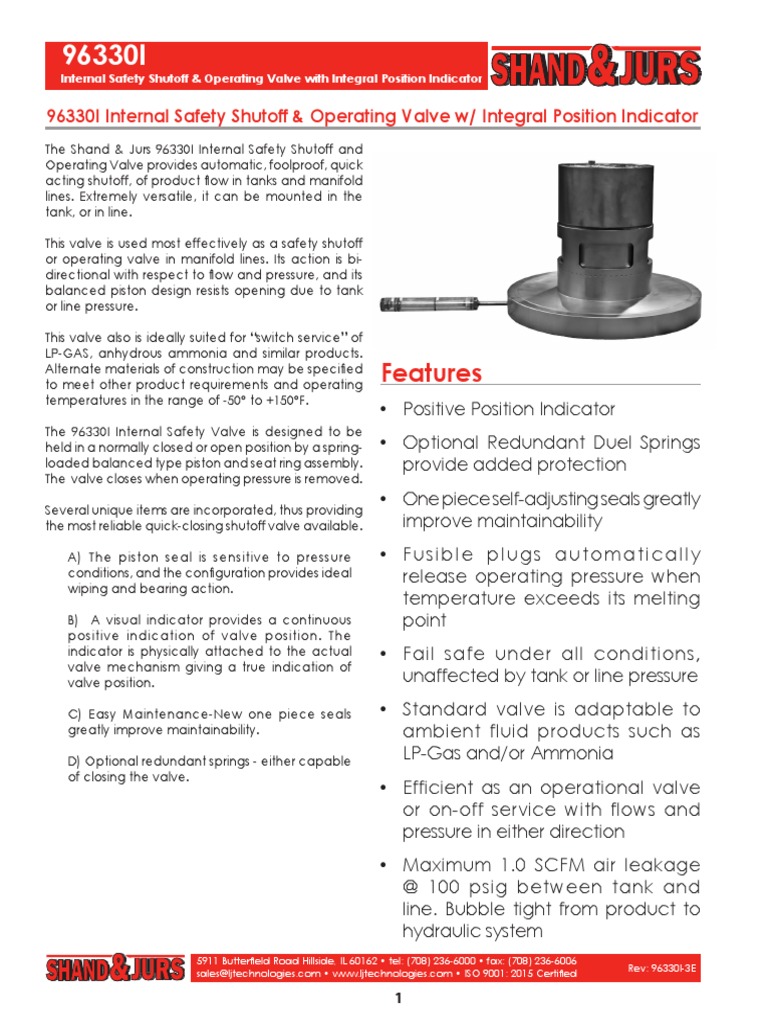 Features: 96330I Internal Safety Shutoff & Operating Valve W/ Integral ...