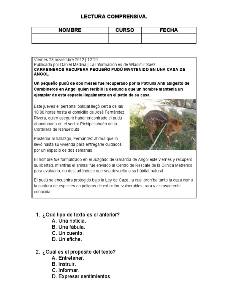 Lectura Comprensiva-Noticia Pudu | PDF | Ciencias sociales