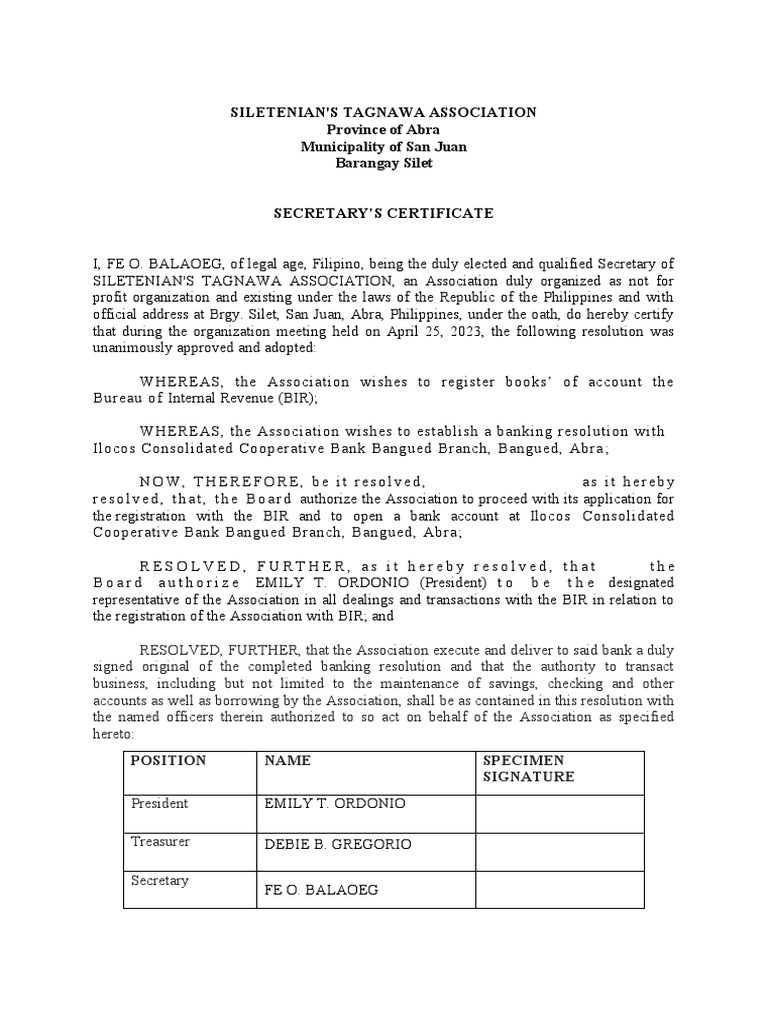 Secretary's Certificate CSO NGO BIR Registration and Open Bank Account ...