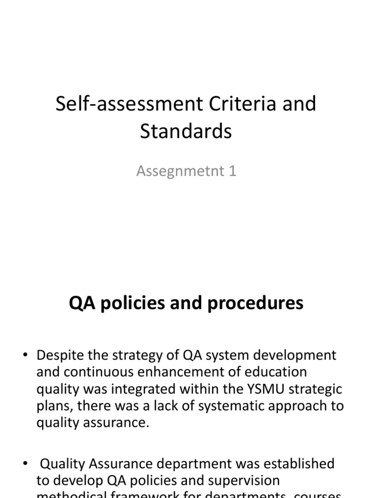 Self-Assessment Criteria and Standards: Assegnmetnt 1 | PDF | Quality ...