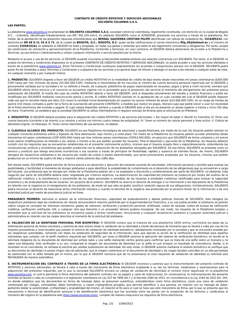 Contrato de Crédito Rotativo Solventa | PDF | Pagos | Crédito