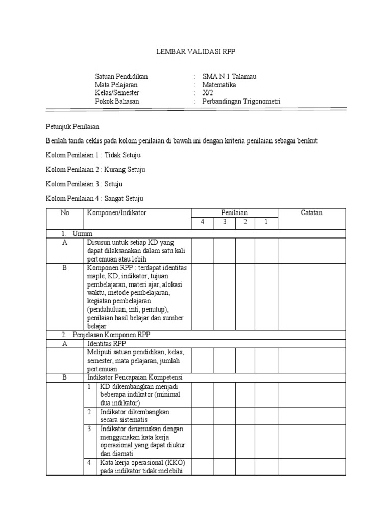 Lembar Validasi RPP | PDF