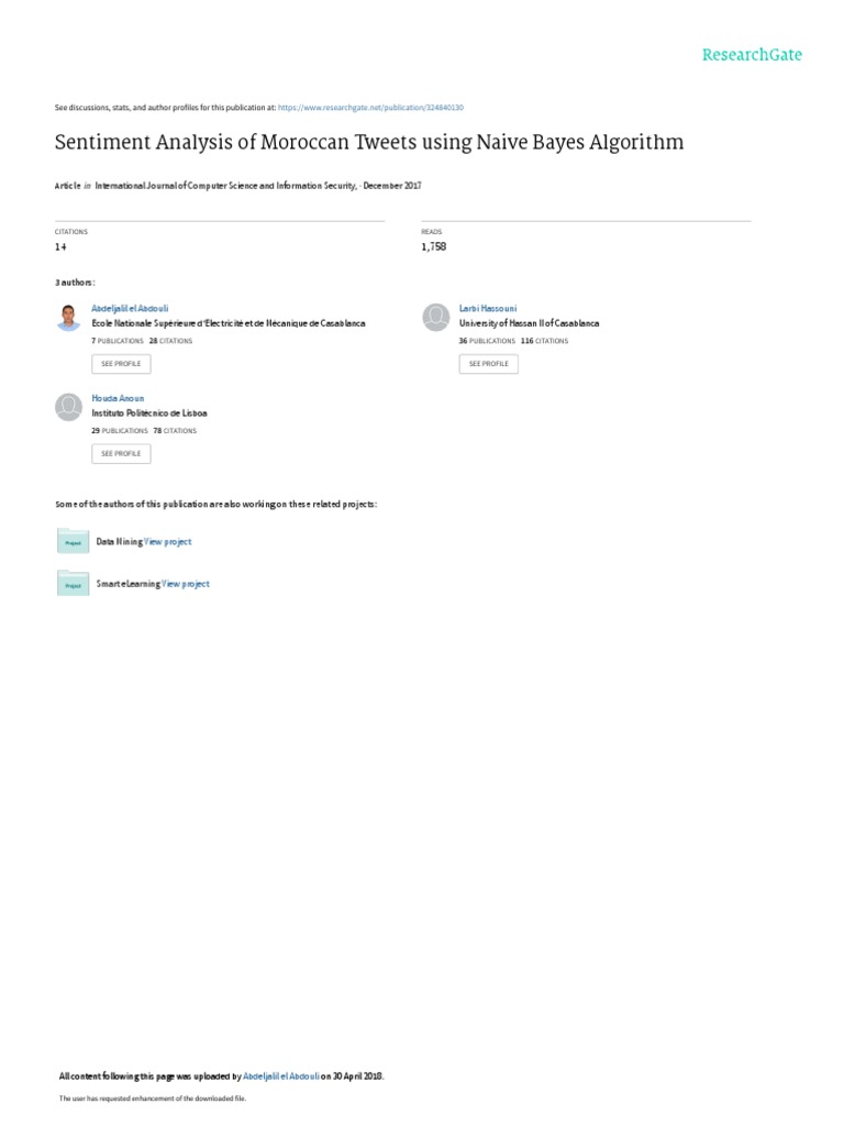 Sentimentanalysisof Moroccan Tweetsusing Naivebayesalgorithm | PDF | Apache Hadoop | Map Reduce