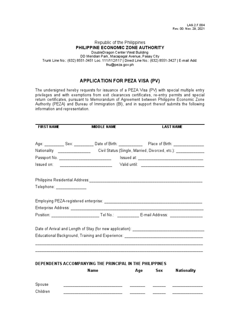 Application Form For PEZA Visa | PDF | Travel Visa | Affidavit
