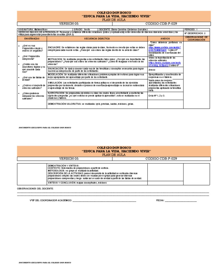 Plan de Aula #1 Grado 6 | PDF