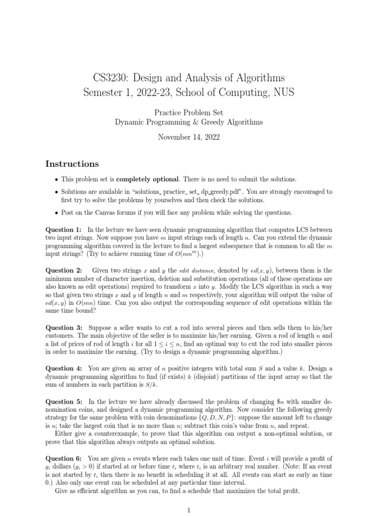 Practice Set DP Greedy | PDF | Dynamic Programming | Algorithms And Data Structures