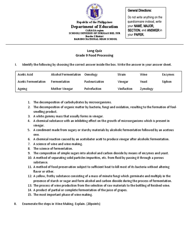 Grade 9 Food Processing Quiz: Wine Making | PDF | Fermentation | Vinegar