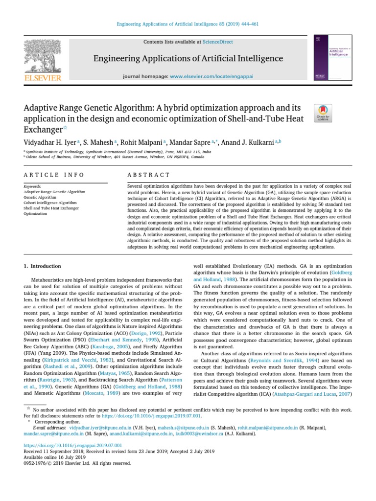 Adaptative Range Genetic Algorithm (ARGA) For Design and Economic Optimization of STHE (2019 ...