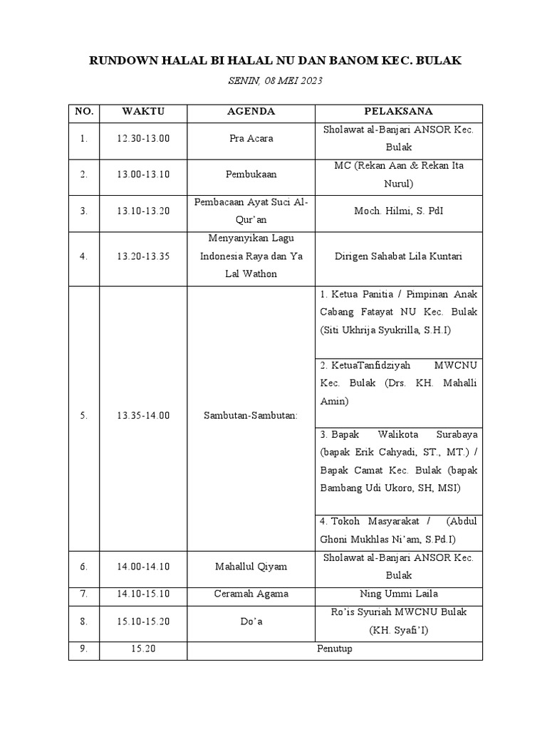Rundown Halal Bi Halal Nu Dan Banom Kec | PDF