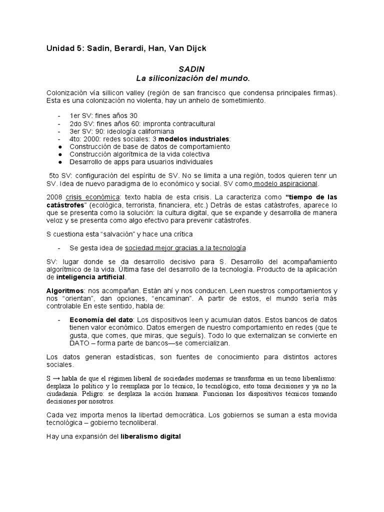 Unidad 5 - Sadin, Berardi, Han, Van Dijck | PDF | Capitalismo | Sociedad