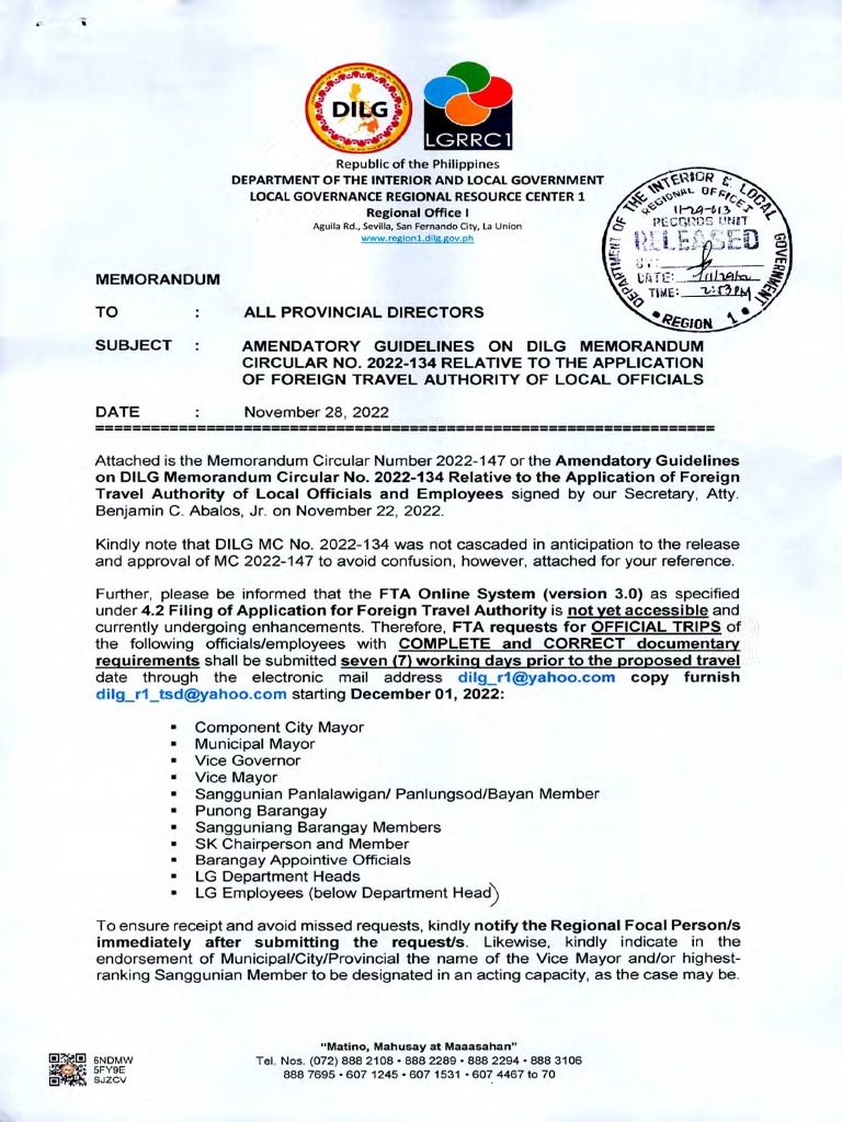 DILG MC NO. 2022 147 Amendatory Guidelines On DILG MC NO. 2022 134 ...