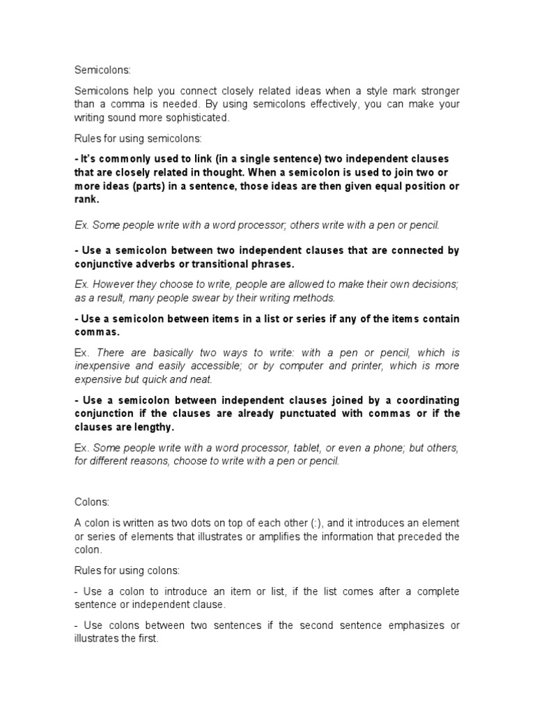 Semicolon and Colon Usage Guide | PDF | Language Arts & Discipline ...